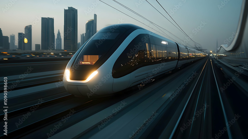 High-speed train journey urban cityscape transport photography twilight ...