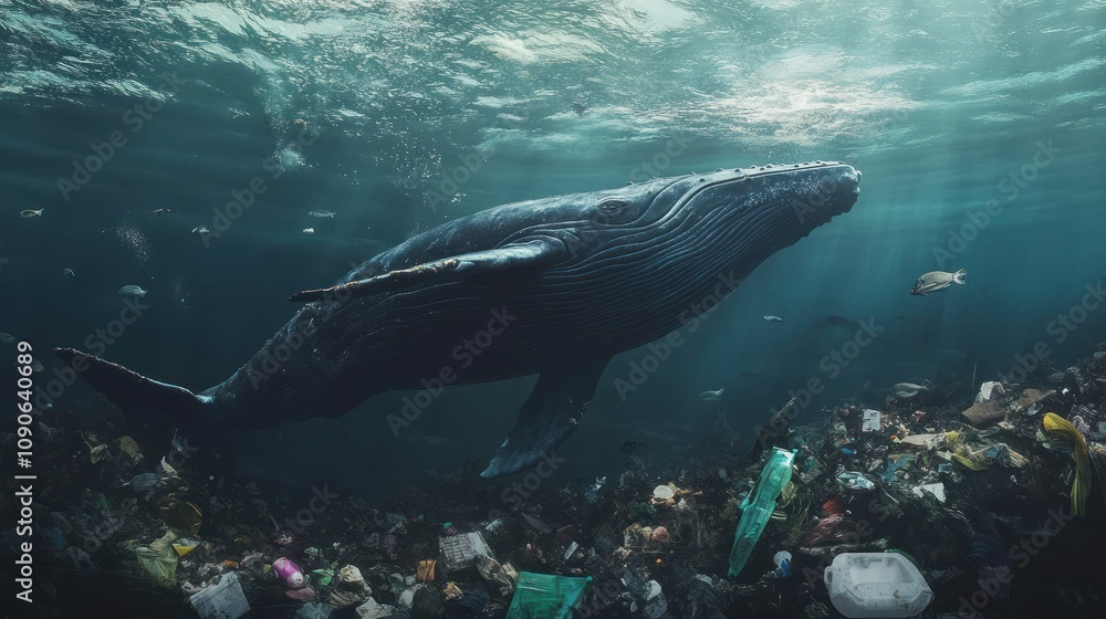 A giant blue whale swims across a polluted ocean filled with floating ...