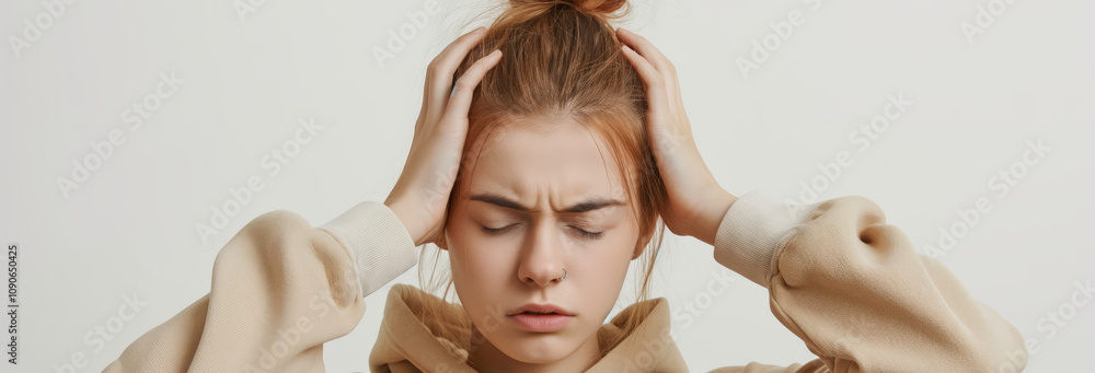 Annoyed stressed woman cover ears feel hurt ear ache pain otitis suffer ...