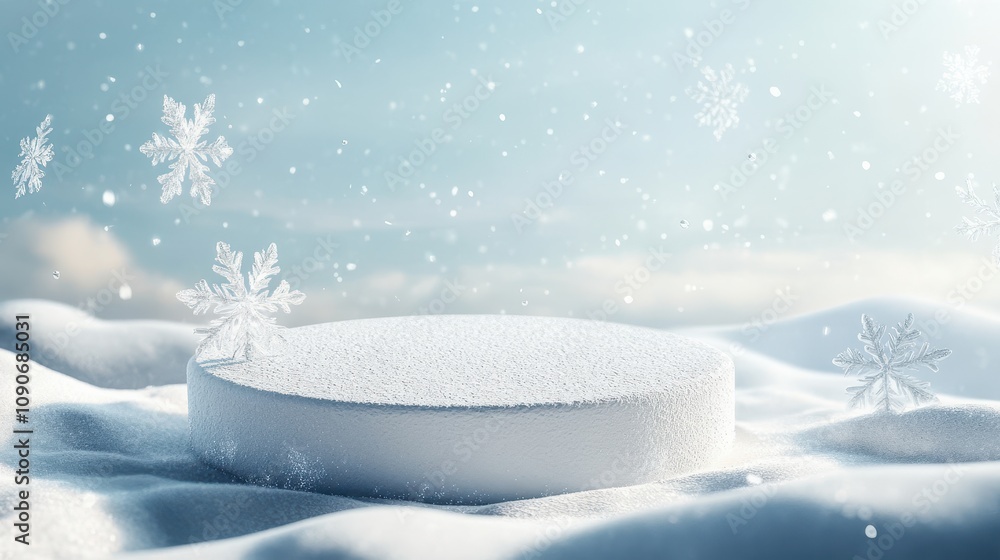 Christmas tree with white snowdrift,snowflakes,snow land,podium with ...