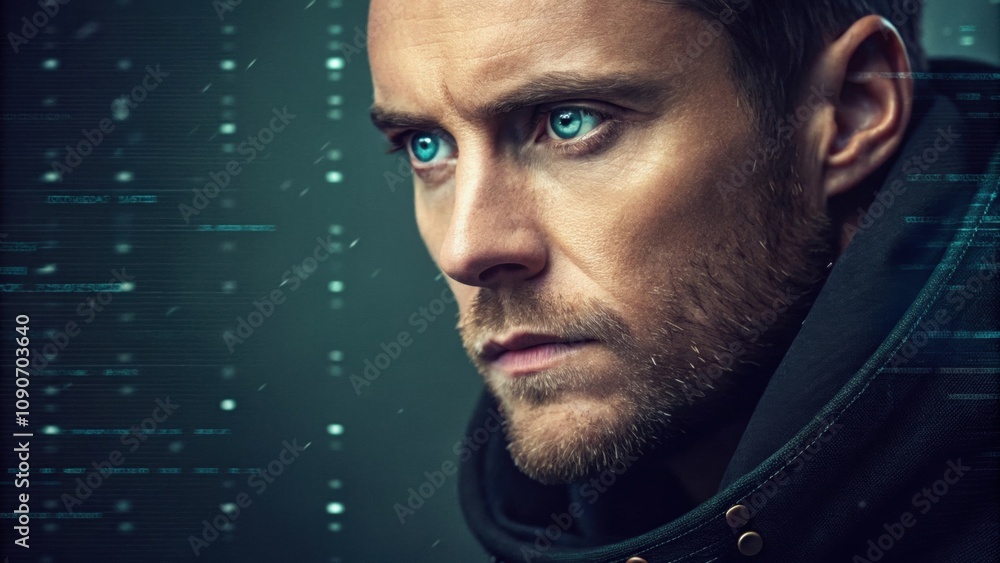 This portrait showcases a subject with intense piercing eyes. The high ...