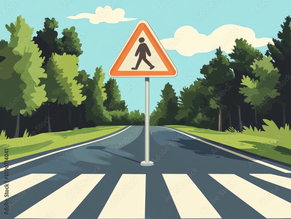 2D cartoon illustration of a road sign indicating a pedestrian crossing ...