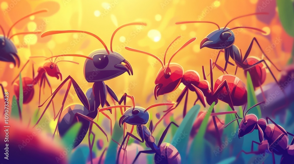 Vibrant 2D cartoon illustrations featuring a colony of ants including a ...