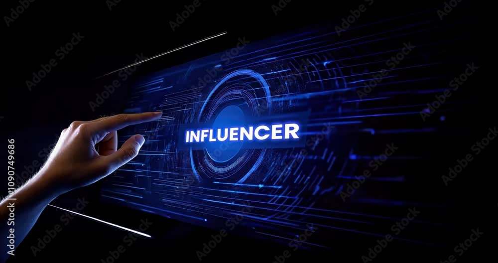 Hand touching a glowing digital screen with influencer text on dark ...