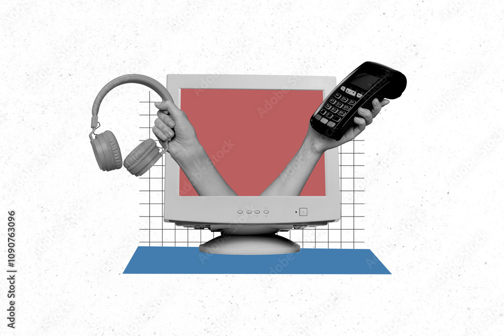 Composite photo collage of hands peek computer monitor tv screen hold ...