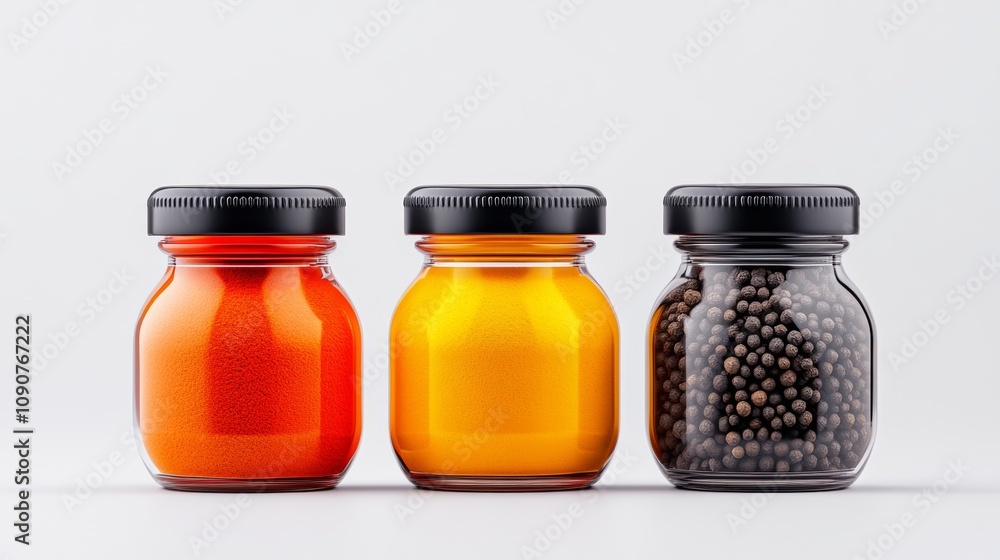 Three jars of spices are lined up on a white background. The jars are ...
