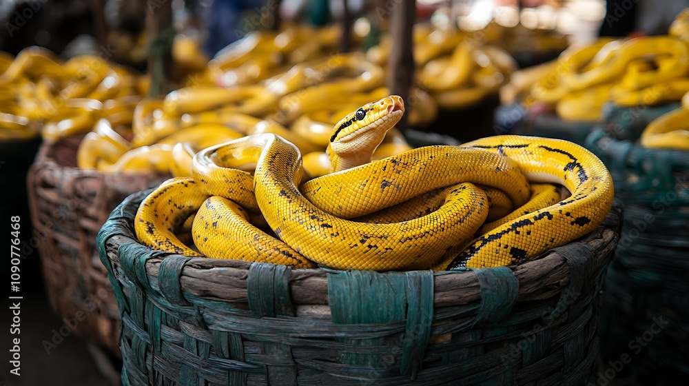 Yellow Python Snakes Coiled in Baskets at a Southeast Asian Market AI ...