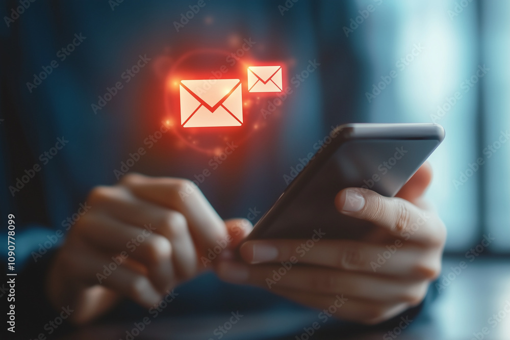 SMS spam, fake text message phishing from scammer concept. System hacked red warning alert ...