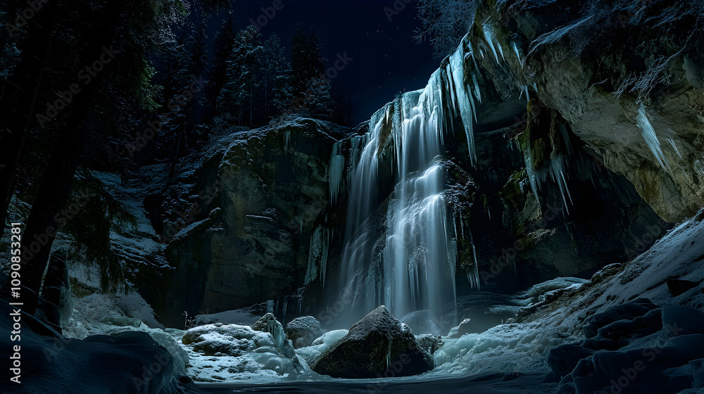 Frozen Waterfall Cascades Down a Rocky Cliffside in the Dark, Icy Night ...
