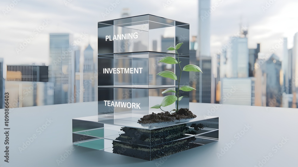 Transparent labeled blocks stacked atop a solid foundation with a plant ...