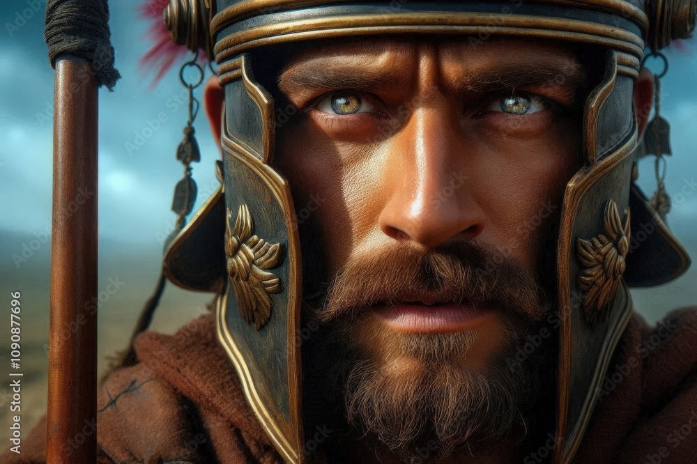 Fierce warrior gazes into the horizon under a dramatic sky, embodying ...