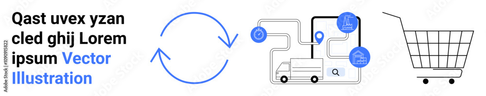 Blue arrows representing a cycle, delivery truck with logistic nodes ...
