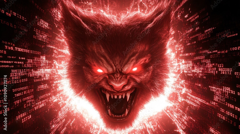 Digital art depicts a ferocious wolf face glowing with red light and ...
