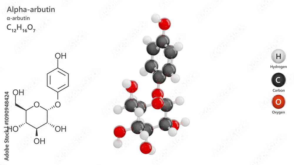 Molecule: Alpha-Arbutin. Molecular structure. Formula: C12H16O7 ...