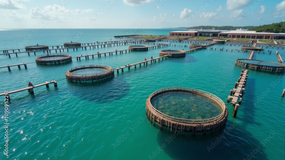 Aerial View of Fish Farming Structures in Turquoise Waters with Clear ...
