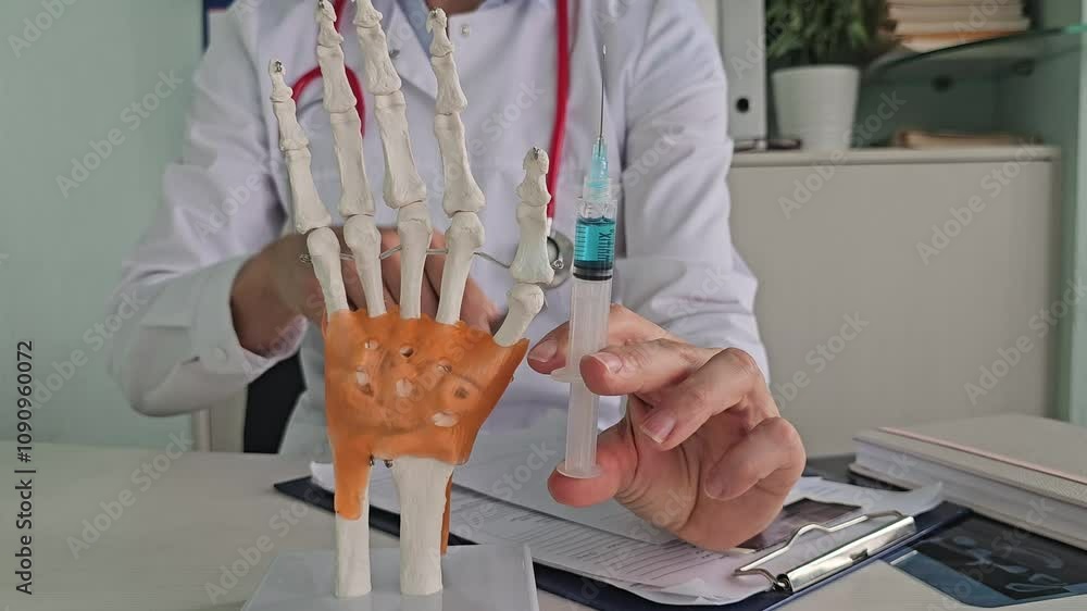 A doctor injects a steroid or drug into a skeletal arm to treat ...