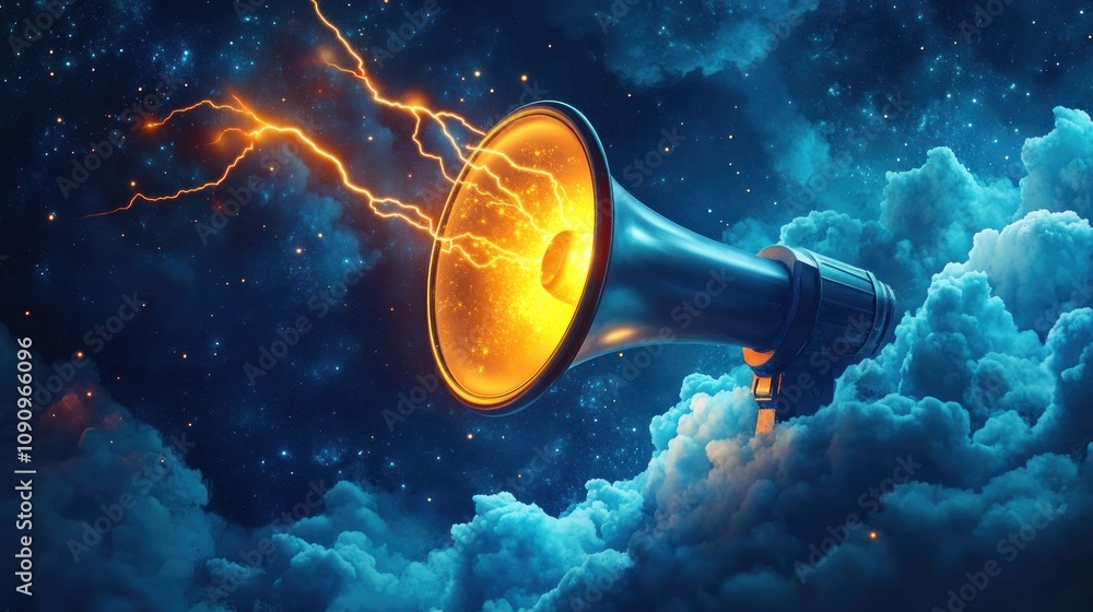 A silver megaphone with an orange, glowing sound wave with lightning ...