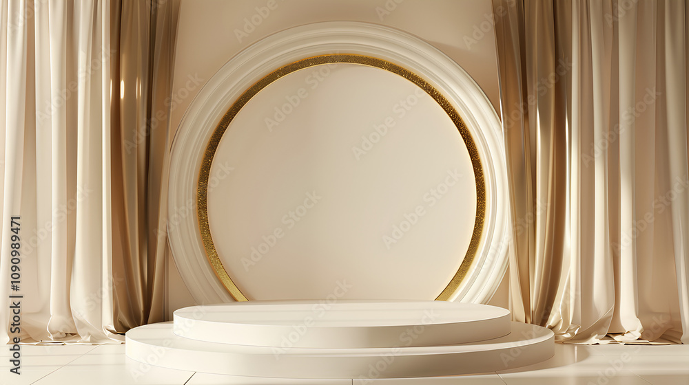 podium for product presentation with a cream background and a golden ...