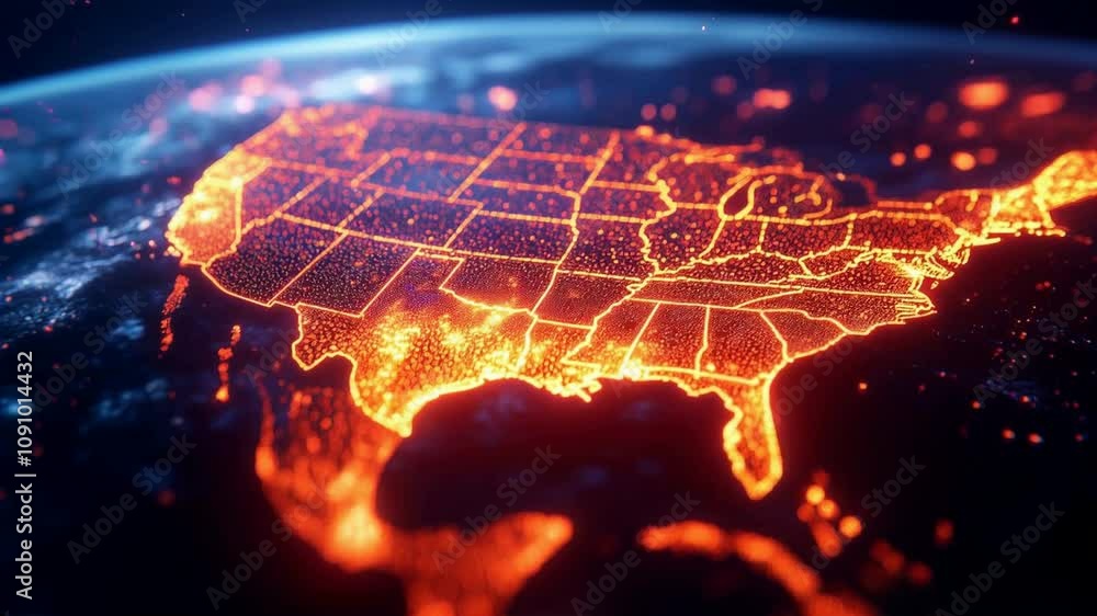 A glowing map of the United States with orange and red lights on it. It ...
