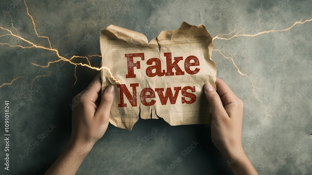 Powerful Hands Holding Torn Paper with "Fake News" Text Surrounded by ...