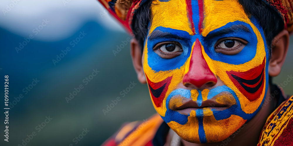 Portrait of a vibrant young peruvian man in traditional face paint ...