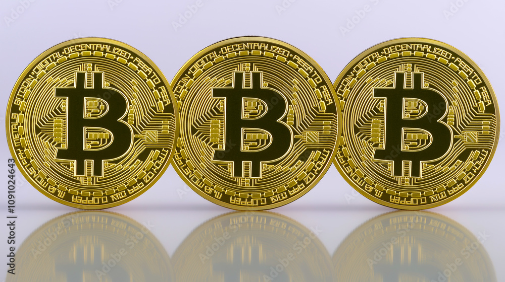 Golden Bitcoin (BTC) coins arranged in a dynamic, luminous display ...