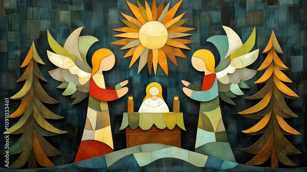 A beautifully crafted modern nativity scene illustration featuring ...