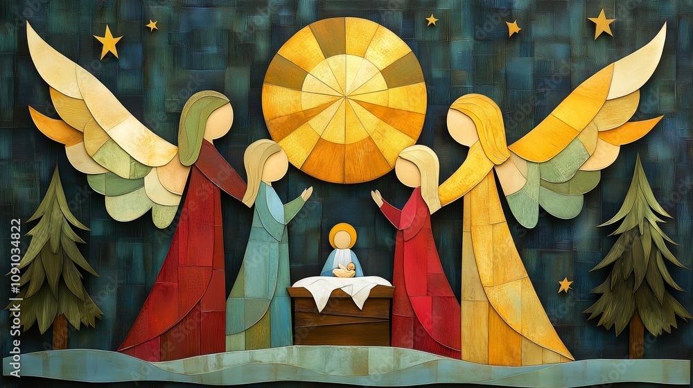 A beautifully crafted modern nativity scene illustration featuring ...