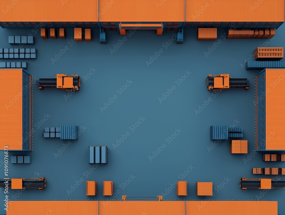 Aerial view of a modern warehouse layout with orange accents and ...