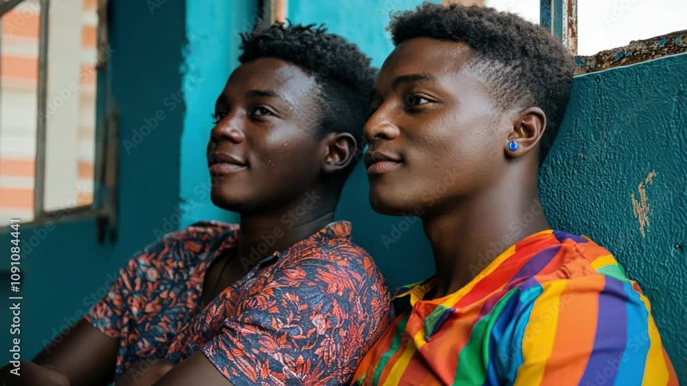 lgbtq male couple two men sitting on the wall One person wore a striped ...