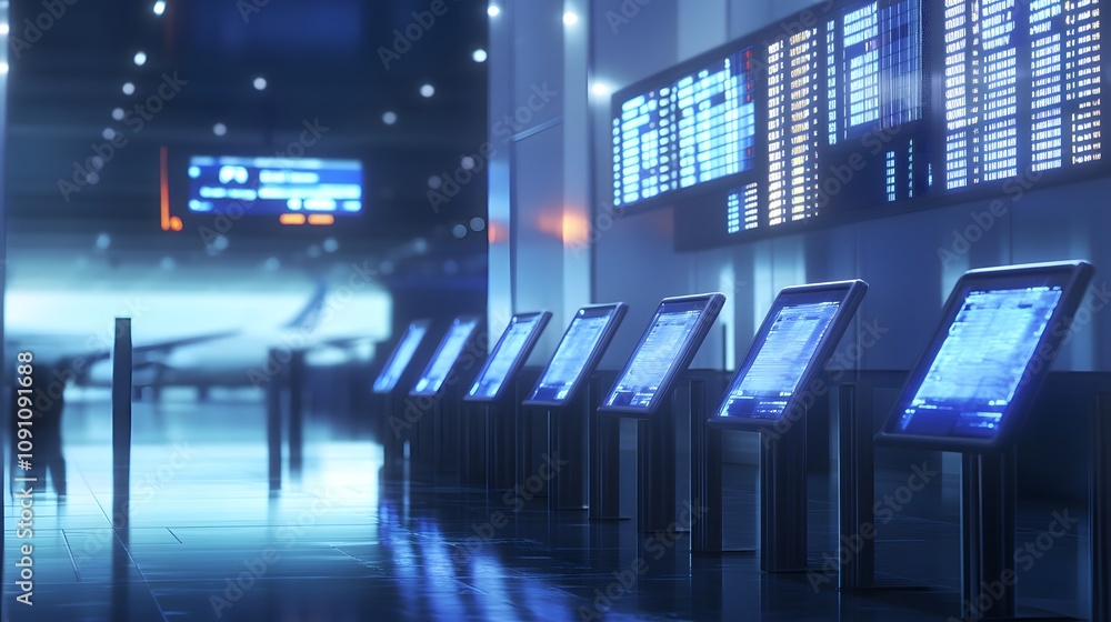 A high-tech airport with 3D holographic flight boards and 2D glowing ...