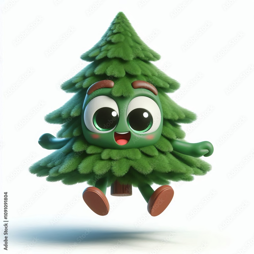 Cartoon christmas tree, jumping eyes, expression of surprise, picarona ...