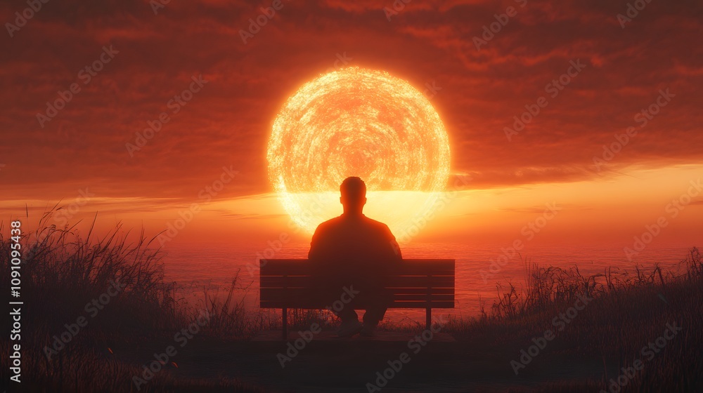 A man sitting on a bench overlooking a glowing sunset, with his ...