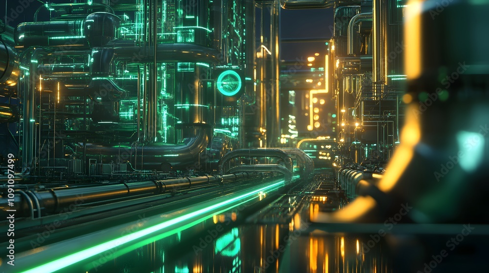 A sustainable industrial hub producing green hydrogen, with 3D-rendered ...