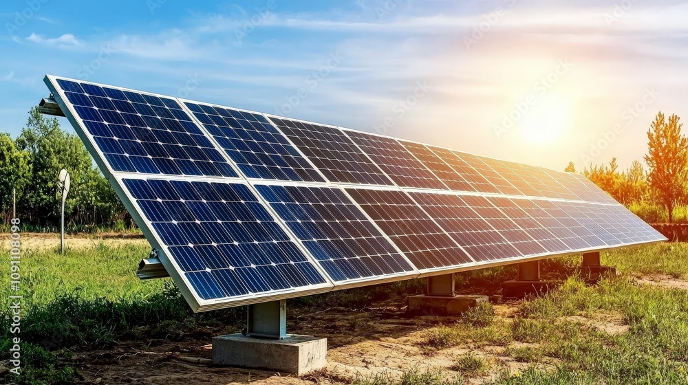 A solar panel system harnessing sunlight in a green field, showcasing ...