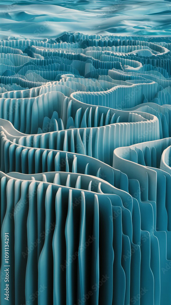 The rhythm of calm wavy vertical patterns in gradient blue hues echo ...