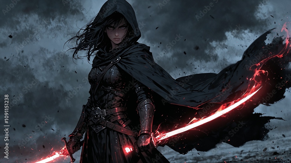 Wallpaper of a female swordsman wearing a cape and holding a sword. 4k ...