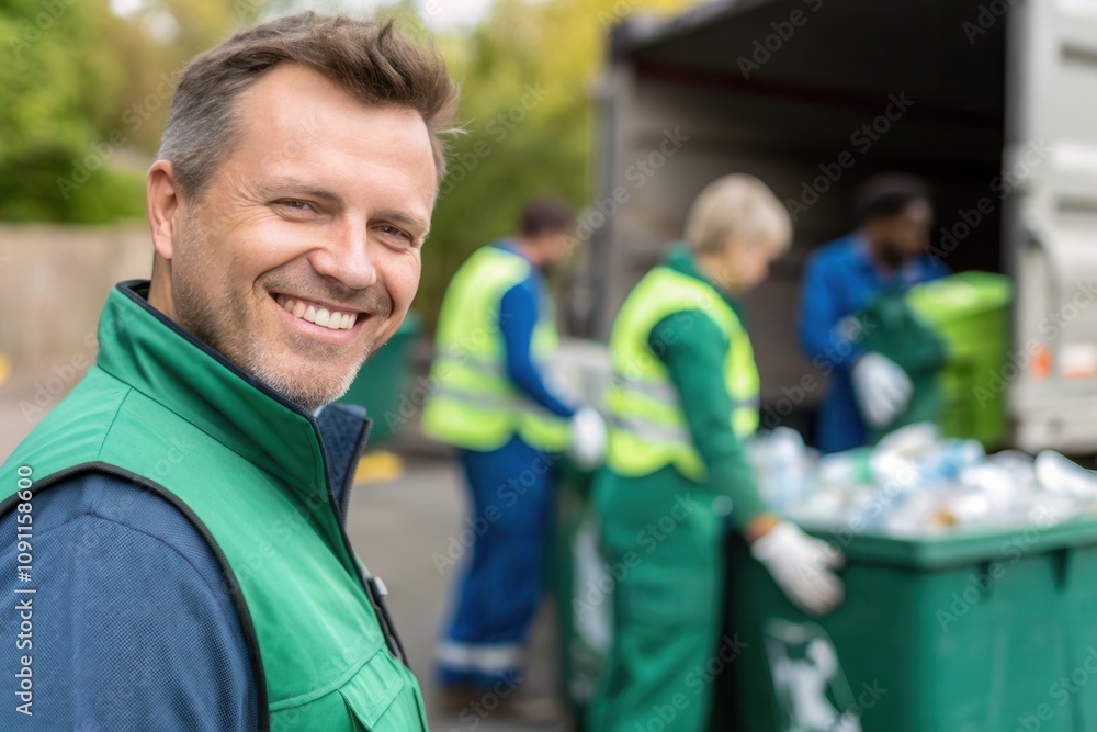 A dedicated waste management worker smiles while supervising colleagues ...