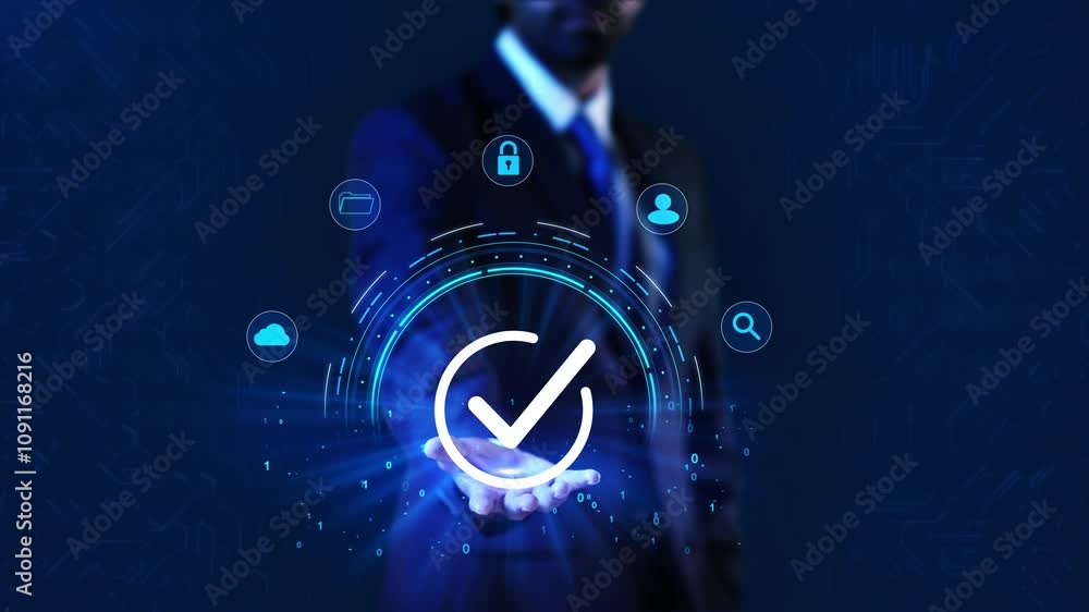 Businessman hand shows Check mark symbol. approved tick mark icon ...