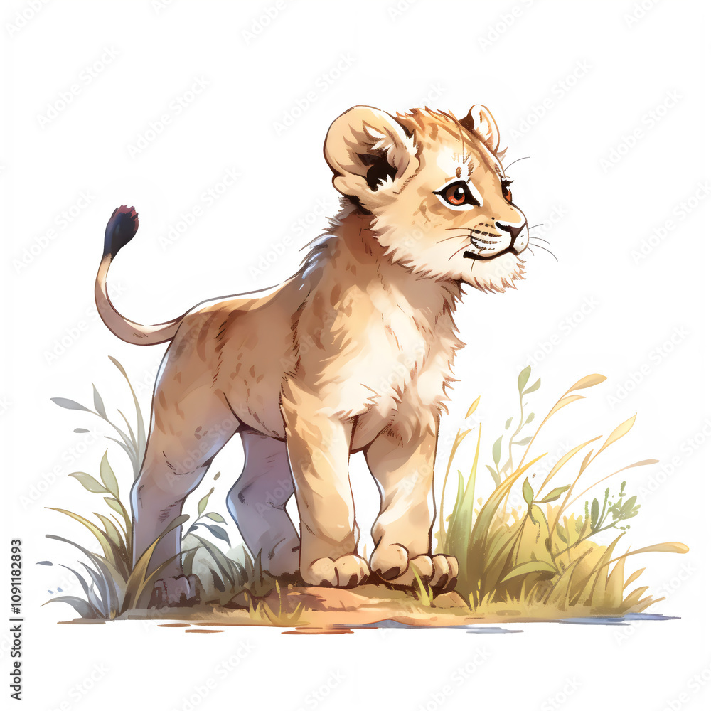 Illustration of a lion cub standing and walking on savannah, lion cub ...