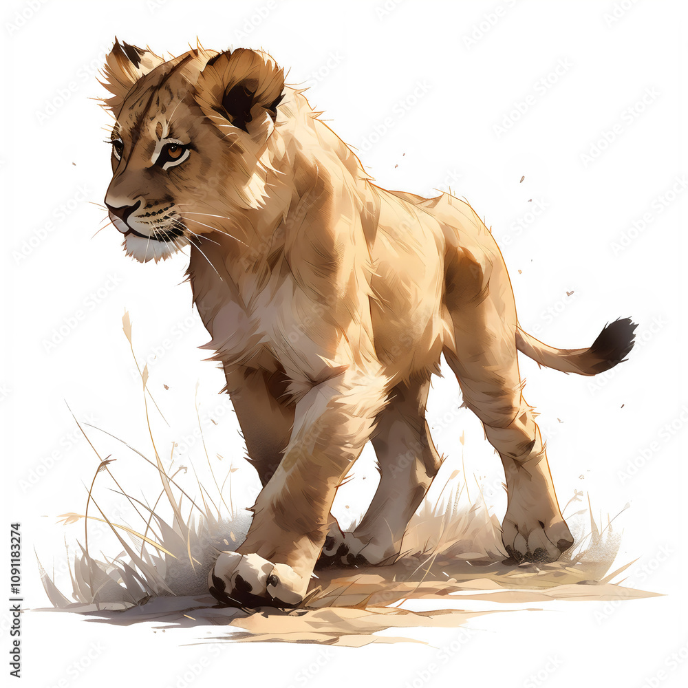 Illustration of a lion cub standing and walking on savannah, lion cub image isolated on a white ...