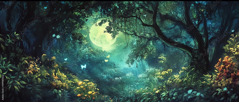ภาพประกอบสต็อก Illustrate a fantasy forest canopy teeming with vibrant ...