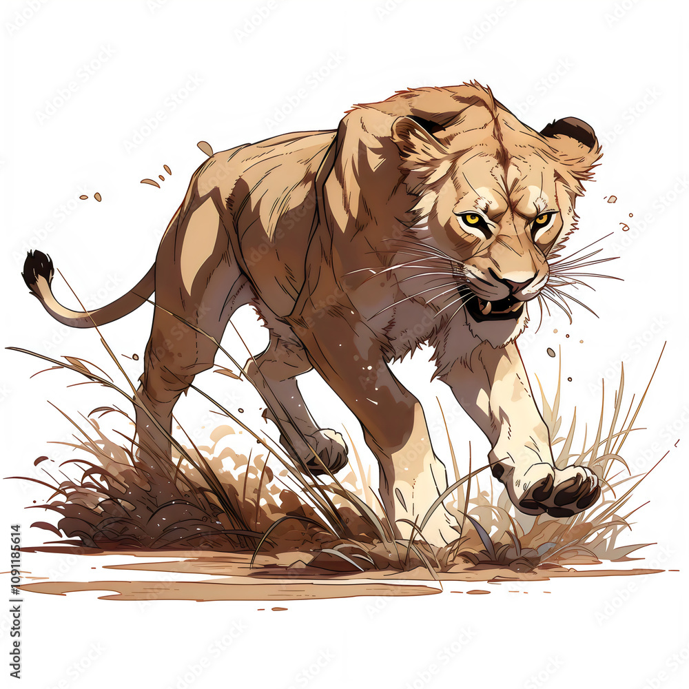 Illustration of a lioness running on savannah, lioness image isolated ...