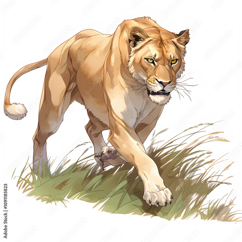 Illustration of a lioness standing and walking on savannah, lioness ...