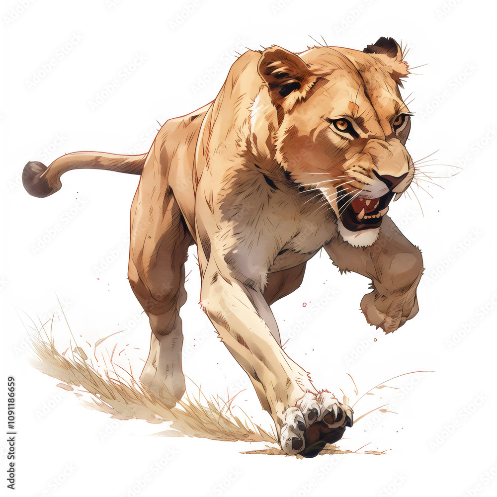 Illustration of a lioness running on savannah, lioness image isolated ...