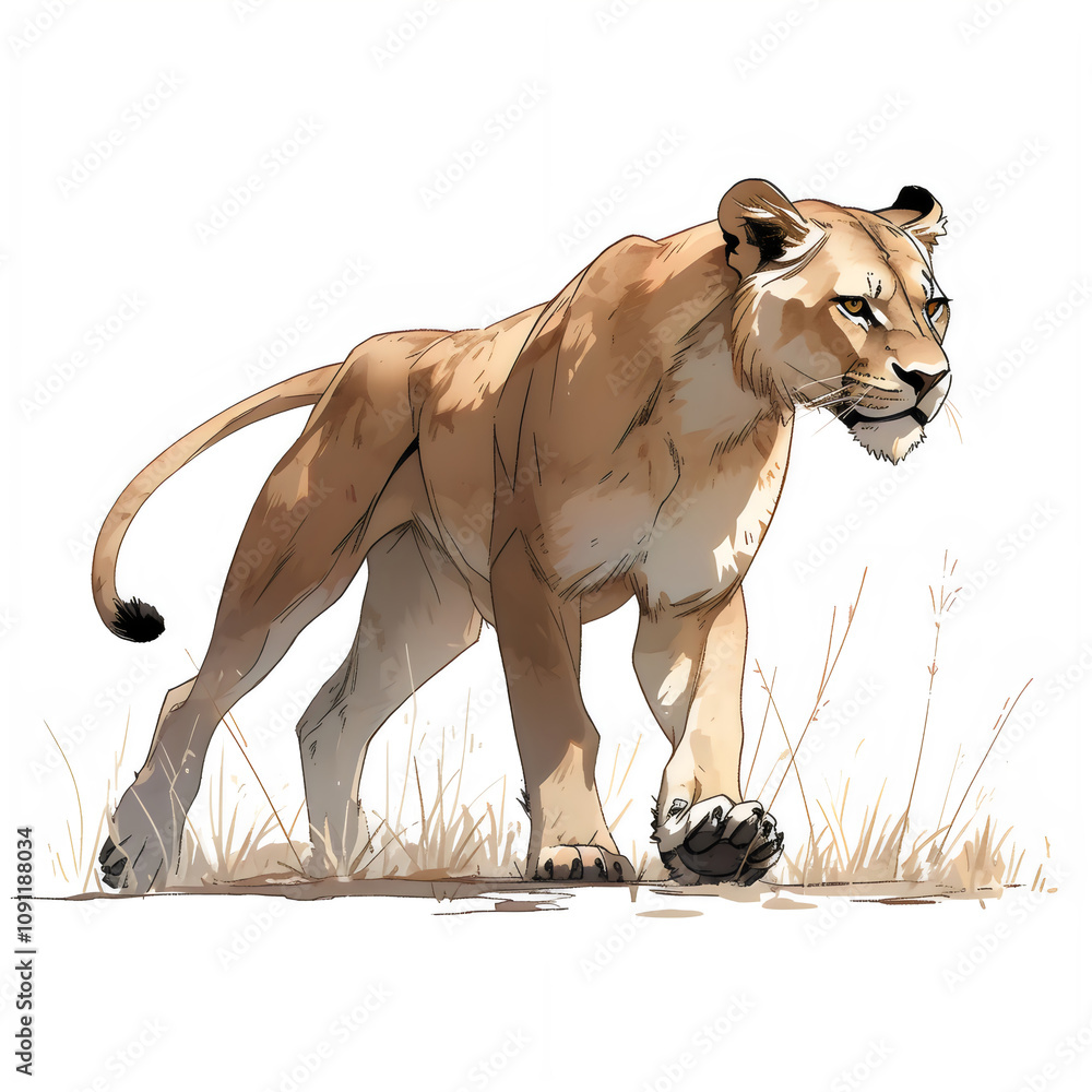Illustration of a lioness standing and walking on savannah, lioness ...