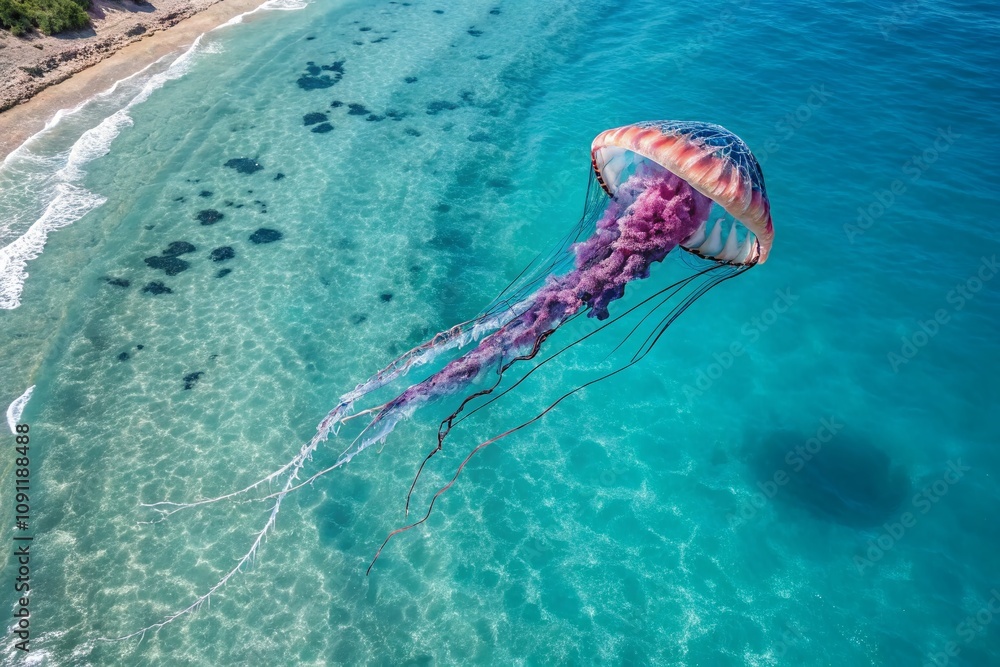 Aerial View of Vibrant Portuguese Man-of-War Jellyfish Gliding ...
