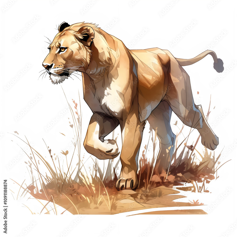 Illustration of a lioness standing and walking on savannah, lioness ...