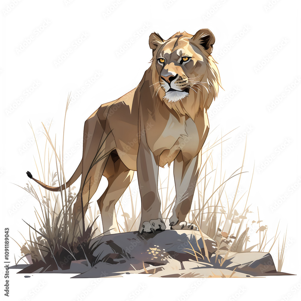 Illustration of a lioness standing and walking on savannah, lioness ...