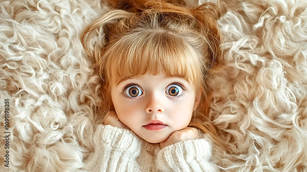 Curious Girl With Big Eyes Looking Up Surrounded By Fluffy Texture Expressing Wonder And